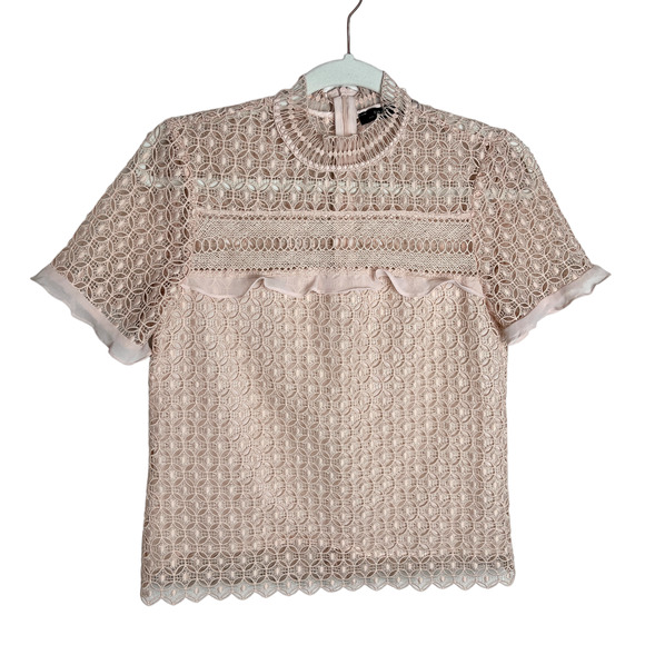 Zara | Tops | Zara Size S Pink High Collar Lace Eyelet Crochet Ruffle ...